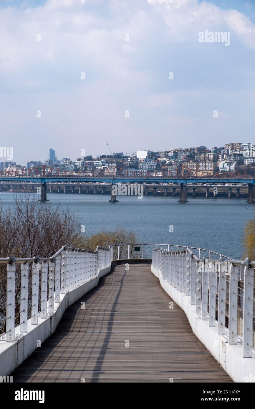 View of Han river next to Seoul Forest Pedestrian Bridge in South Korea ...