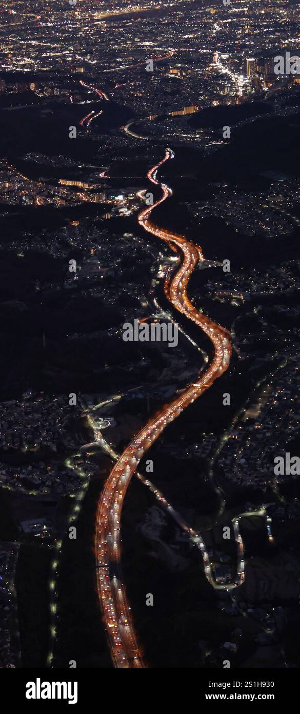 An aerial photo shows the upbound lane of Chugoku Expressway congested ...
