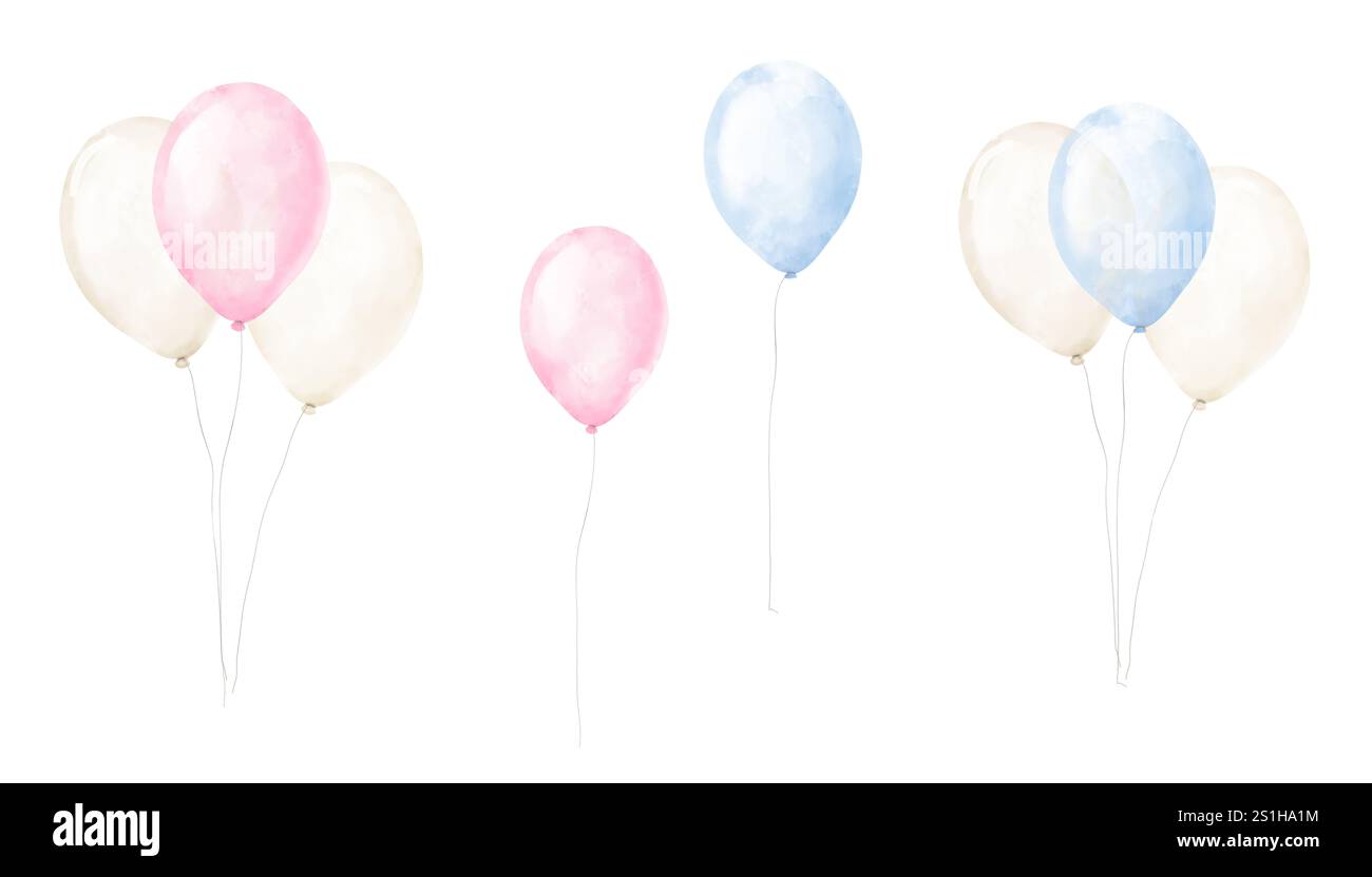 Light blue, pink and beige round balloons in a set. Watercolor digital ...