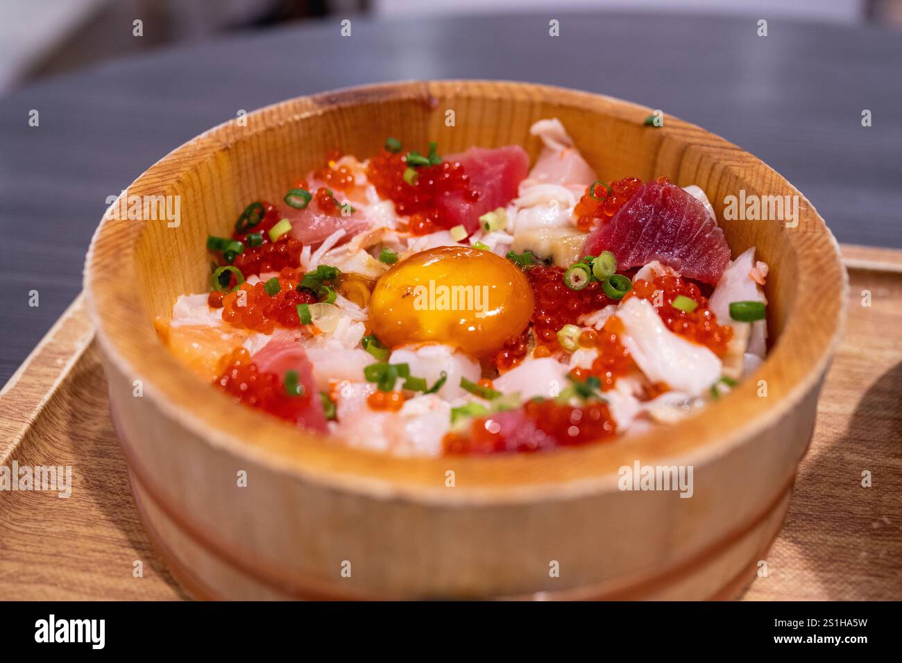 Tokyo, Japan - APR 14, 2024:Tsukiji Japanese knotweed seafood Donburi ...