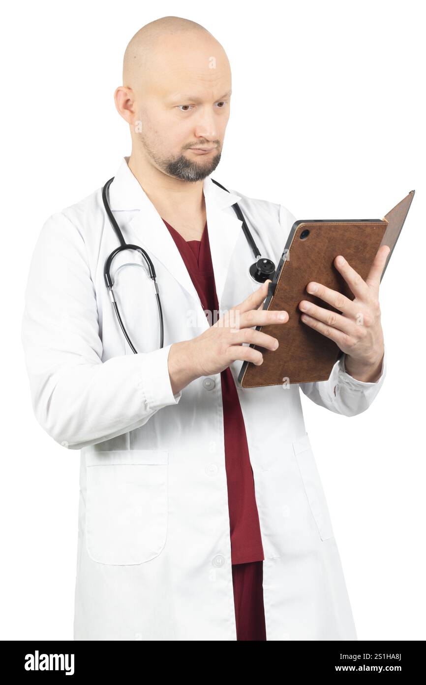 A middle-aged male doctor with light skin, a bald head, and a short ...