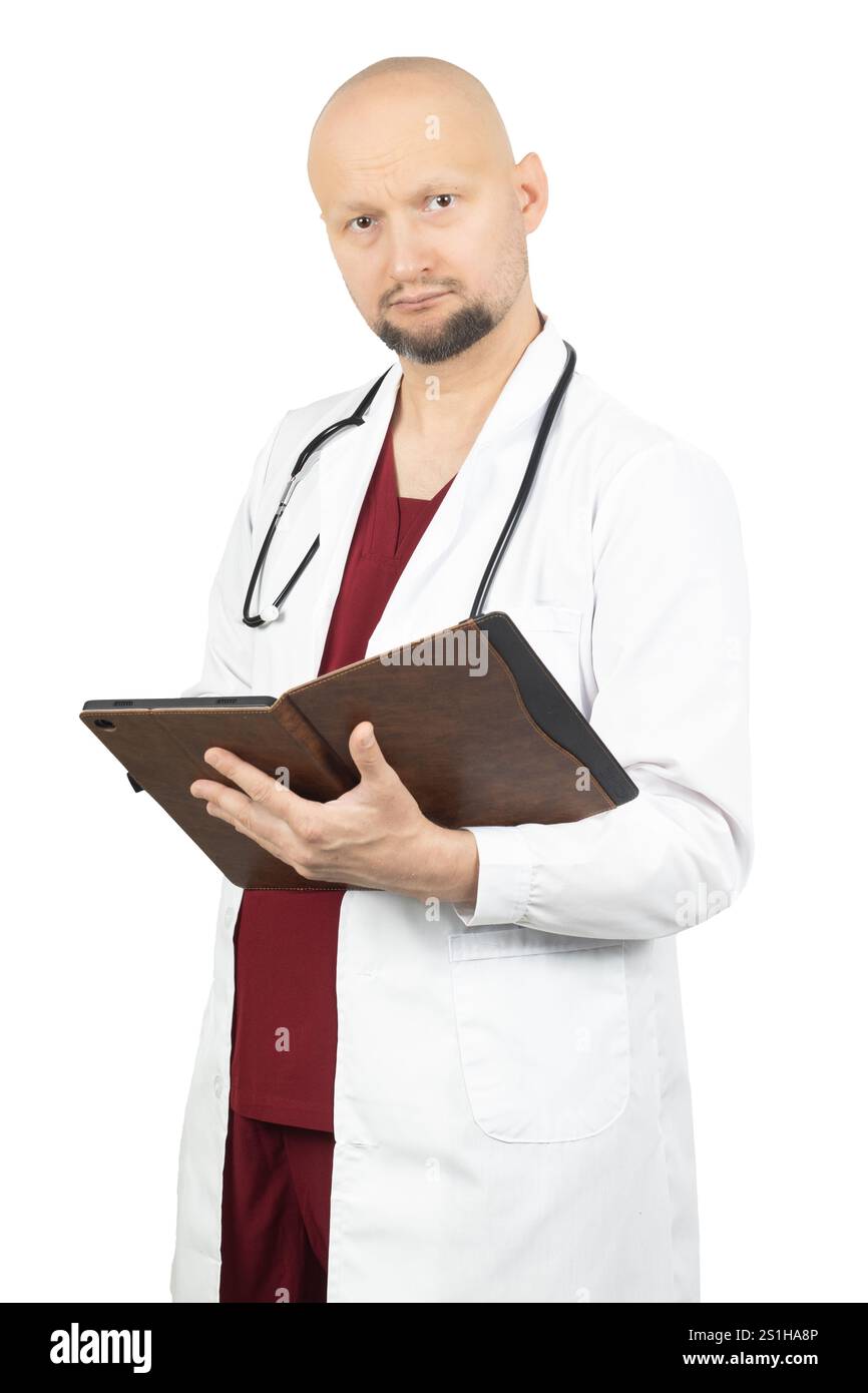 A middle-aged male doctor with light skin, a bald head, and a trimmed ...