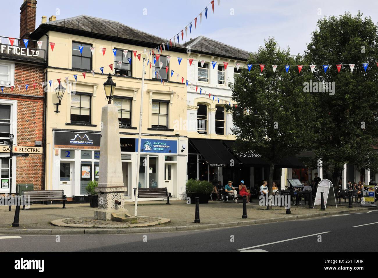 View of shops along Church Street, Ampthill town, Bedfordshire, England ...