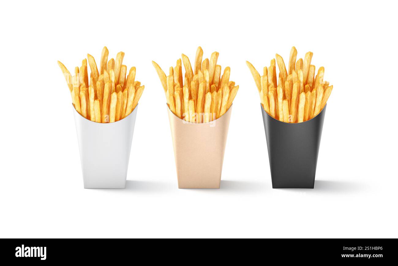 Blank black, white, craft paper pack with french fries mockup, 3d ...