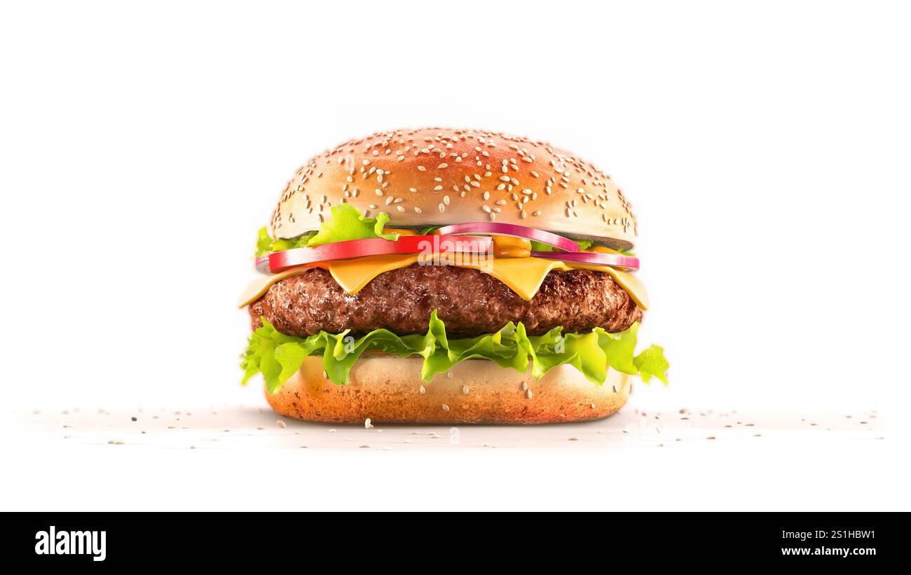 Blank beef hamburger with cheese mock up, front view, 3d rendering ...
