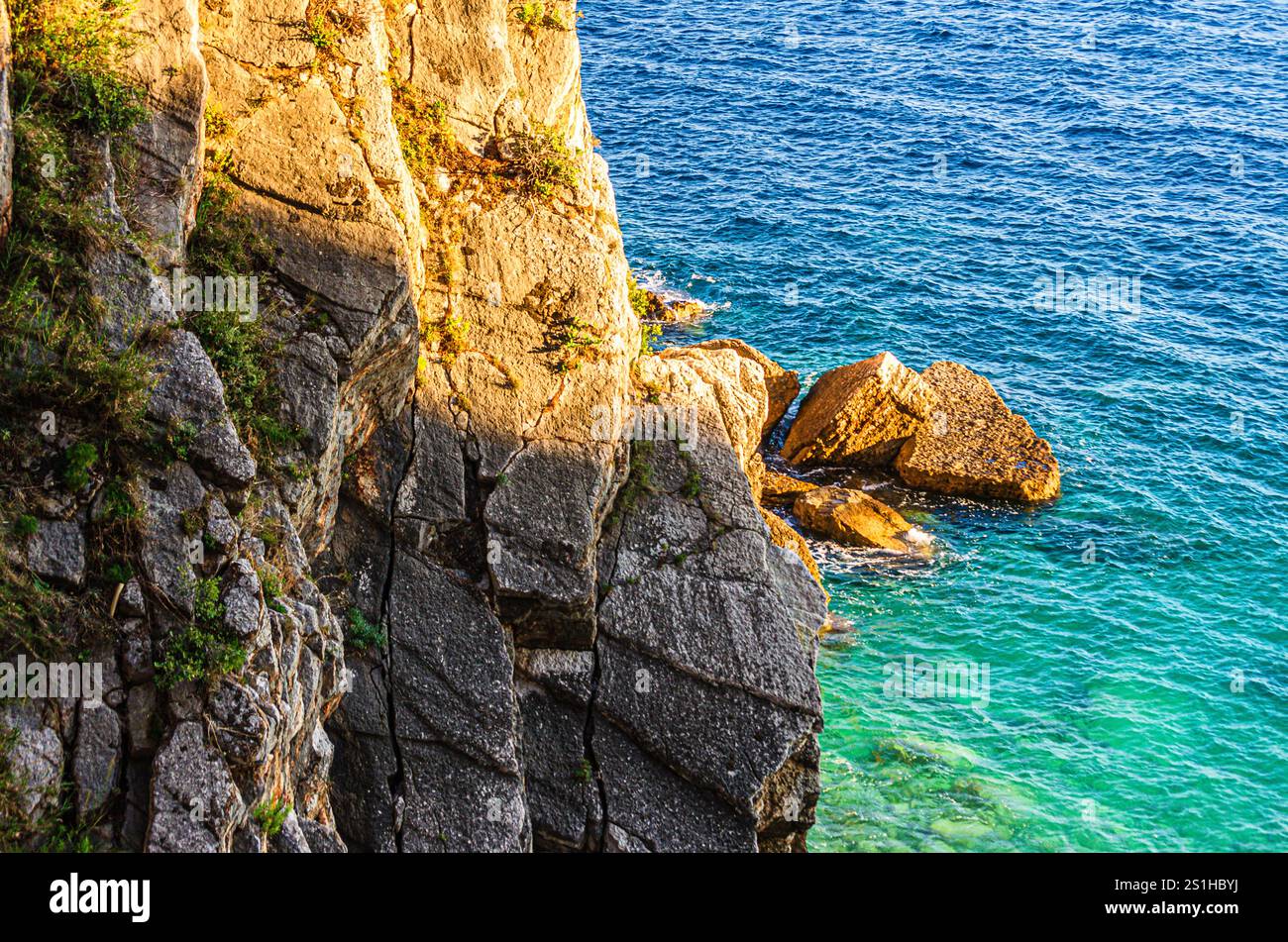 Sunlit cliffs, covered with branches of evergreen trees, in Petrovac ...