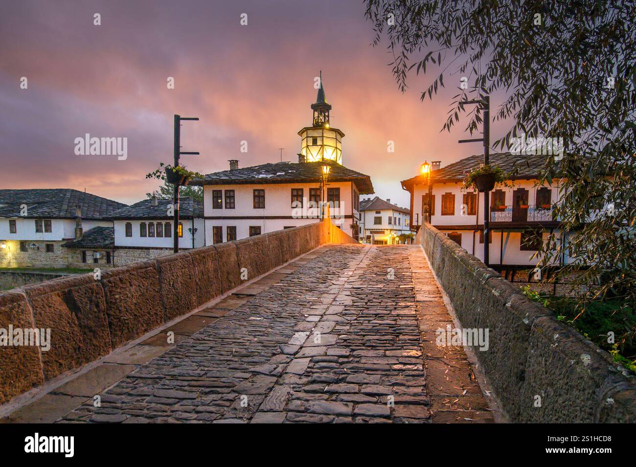 View of Tryavna, Bulgaria. The Clock Tower and the old Stone Bridge in ...