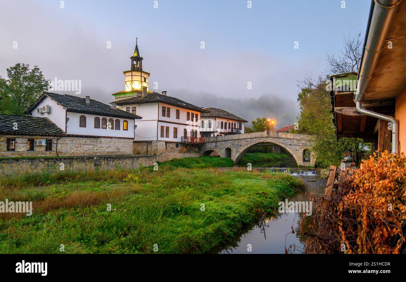 View of Tryavna, Bulgaria. The Clock Tower and the old Stone Bridge in ...