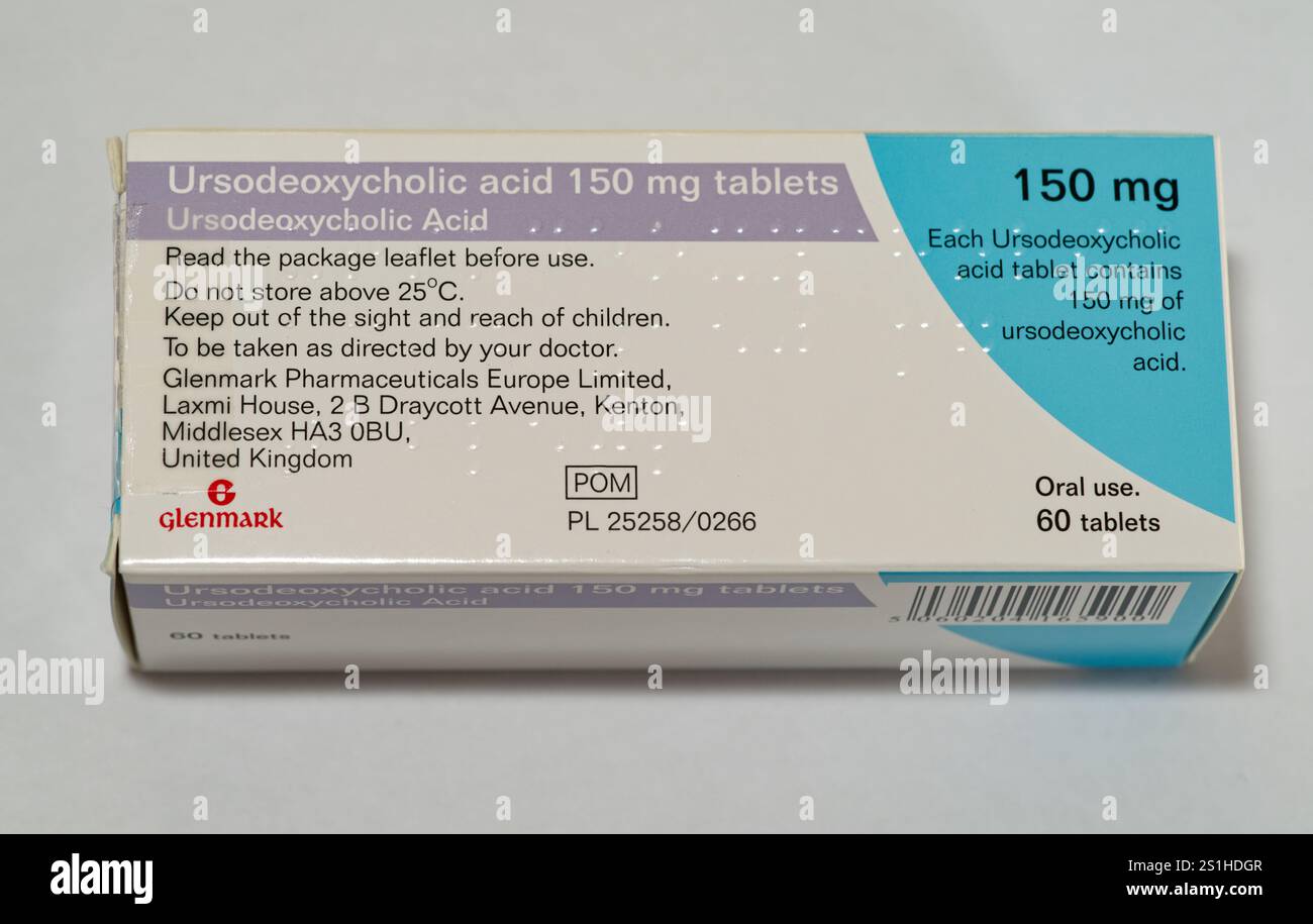 An image of a box of Ursodeoxycholic acid 150mg tablets Stock Photo - Alamy