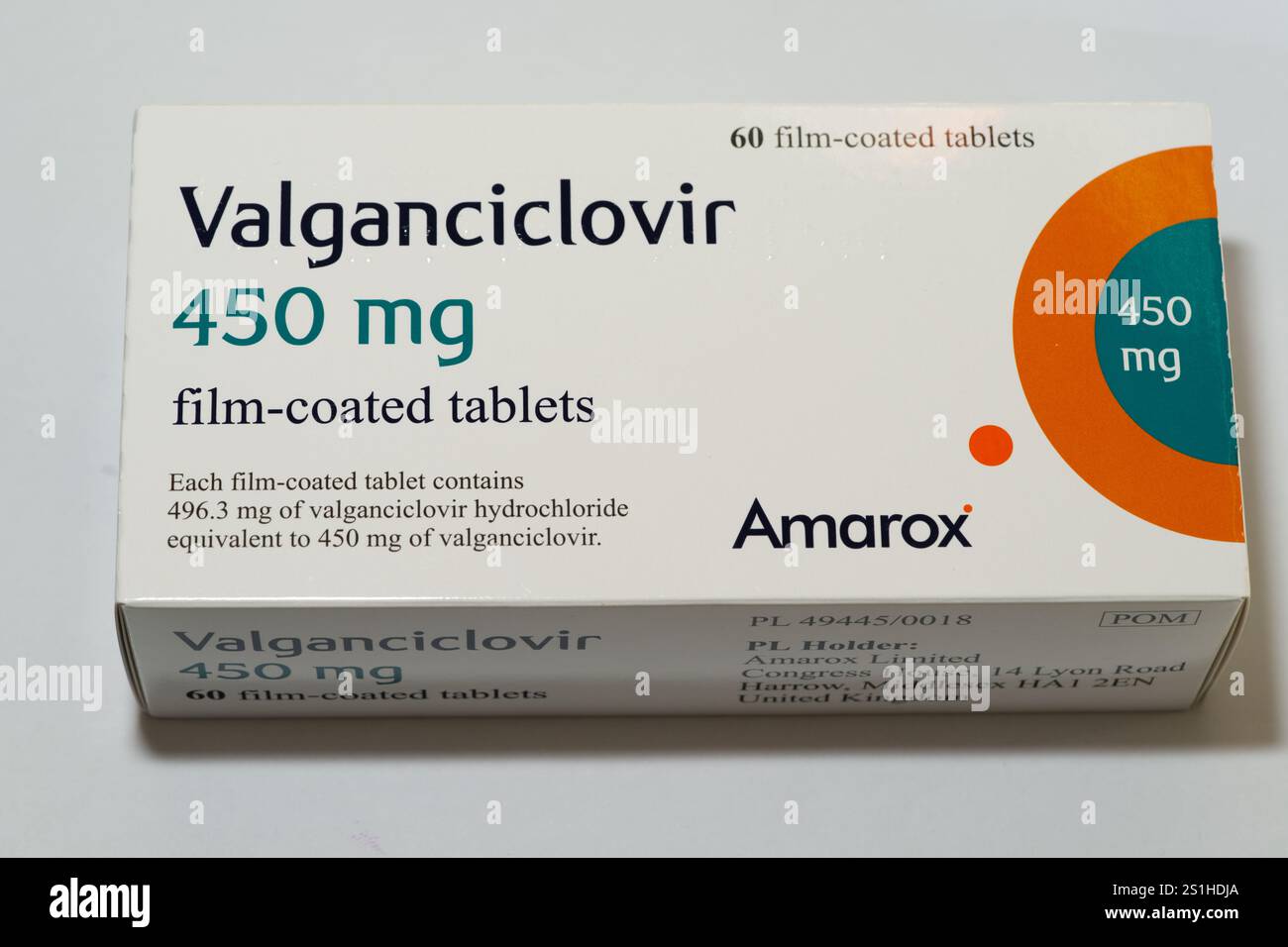 An image of a box of Valganciclovir 450mg film coated tablets used to ...