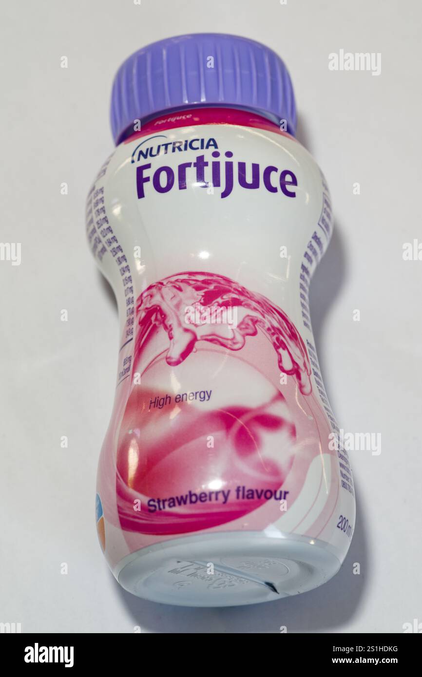 An image of a bottle of strawberry Nutricia Fortijuice with a white ...