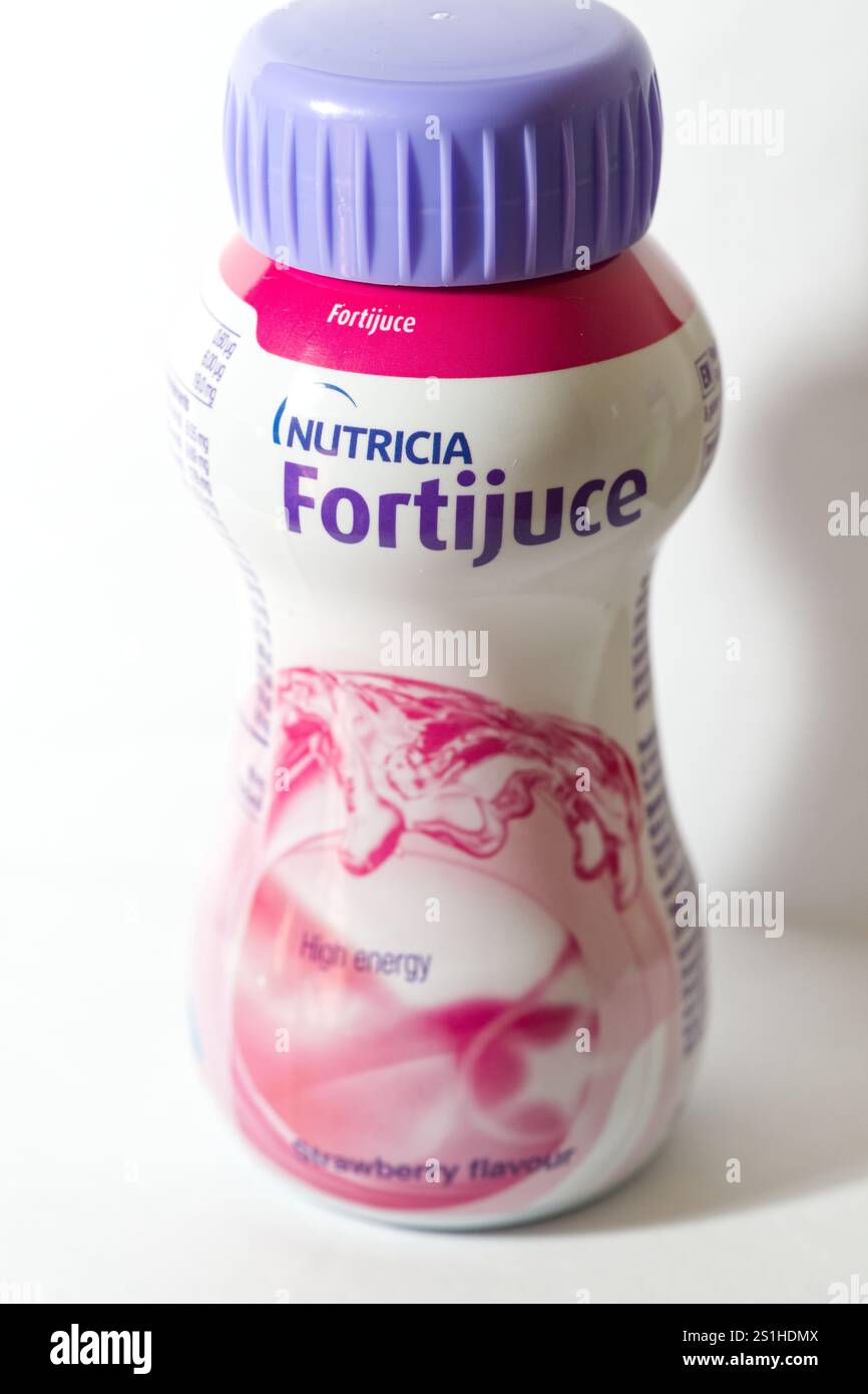 An image of a bottle of strawberry Nutricia Fortijuice with a white ...
