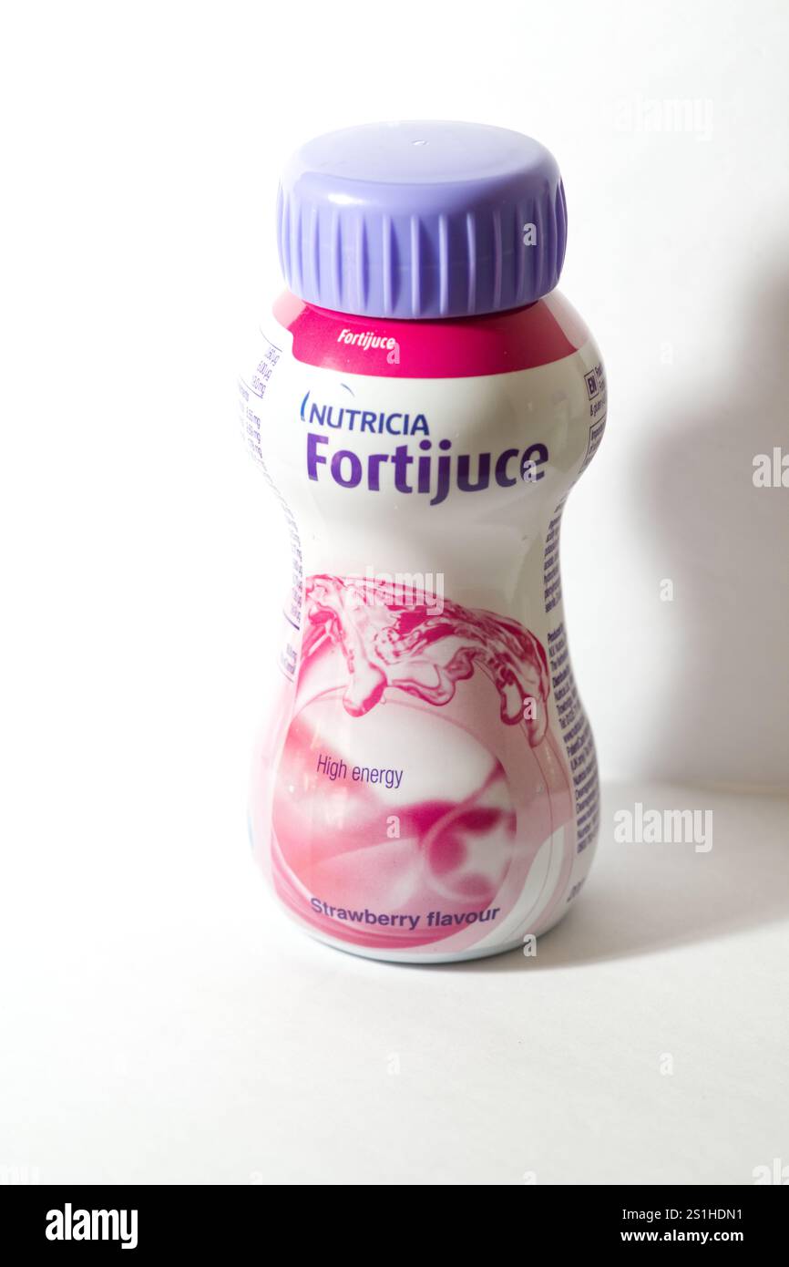 An image of a bottle of strawberry Nutricia Fortijuice with a white ...
