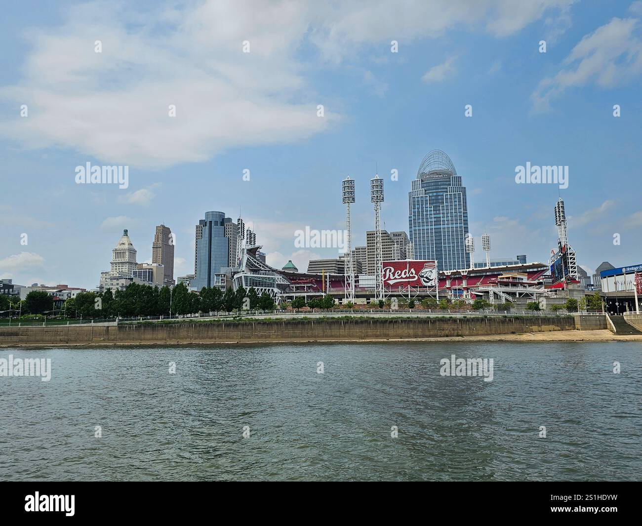 Downtown Cincinnati from the Ohio River. Great American Ball Park, the ...