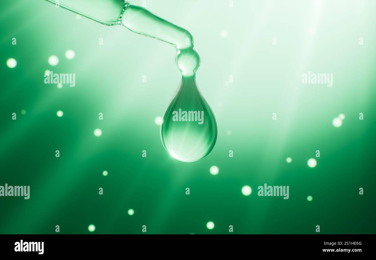 Oily drop dripping from pipette into cosmetic bottle, essential oil ...