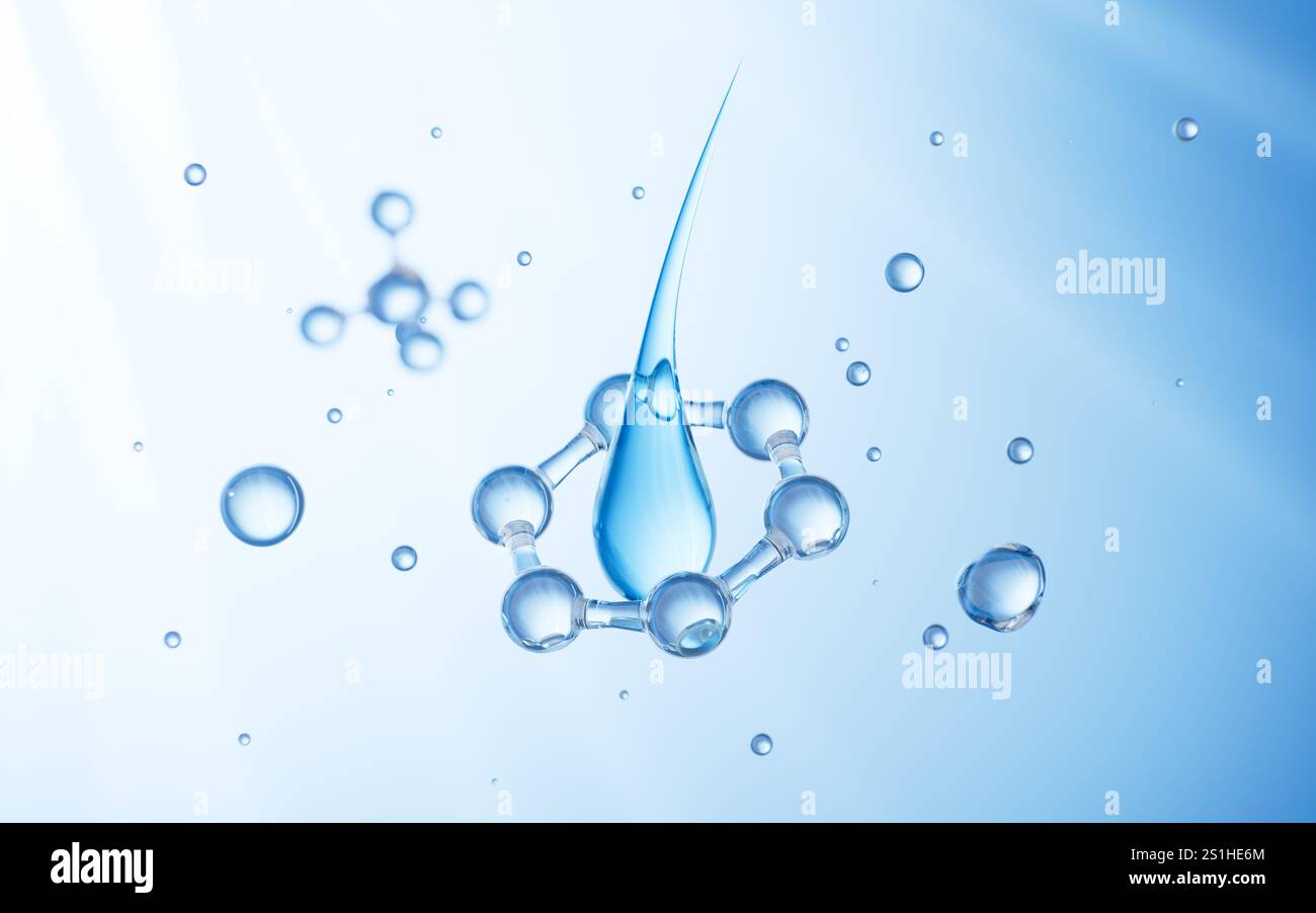 Shampoo repair and nourishes hair, transparent hair and molecule , 3d ...