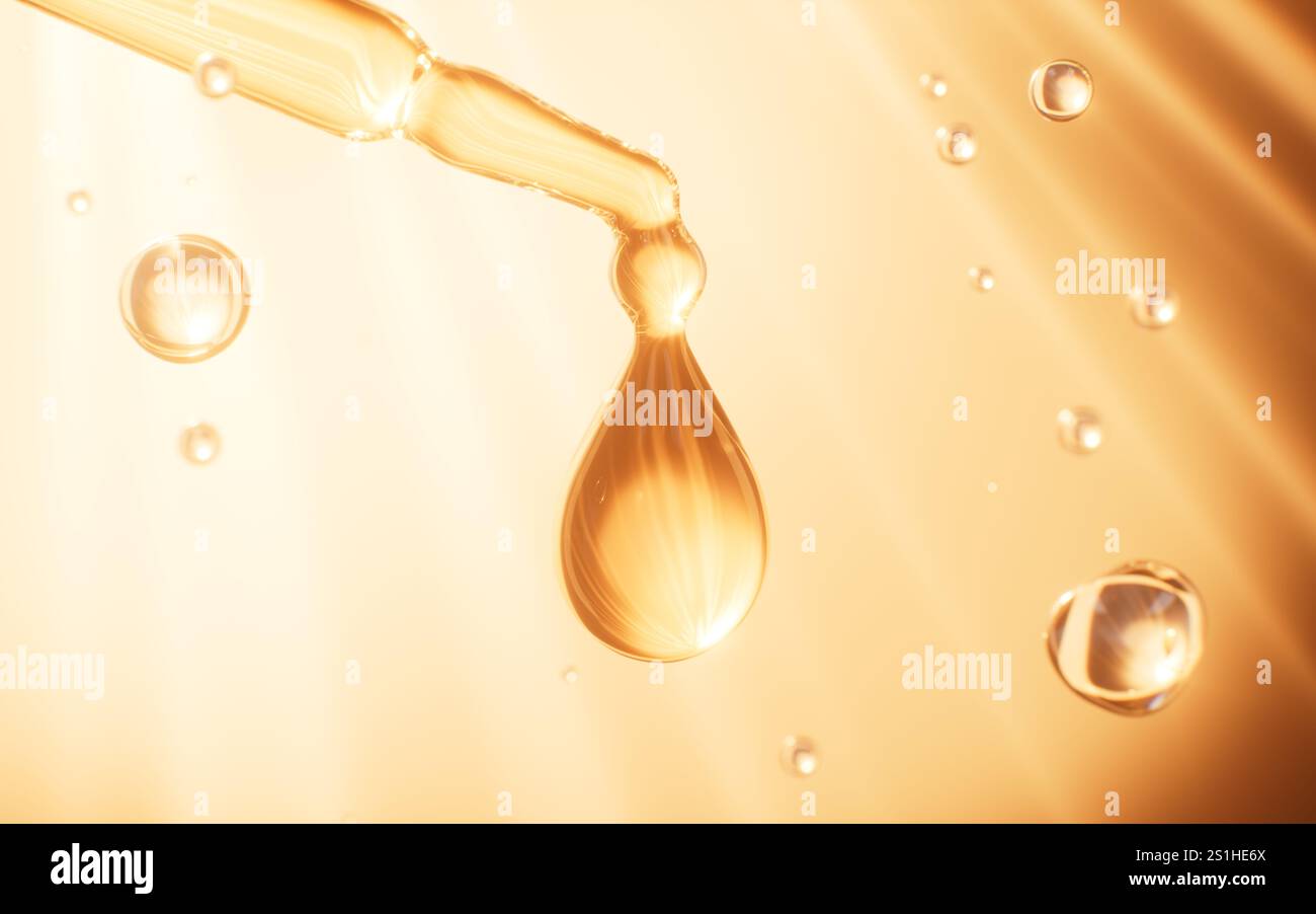 Oily drop dripping from pipette into cosmetic bottle, essential oil ...