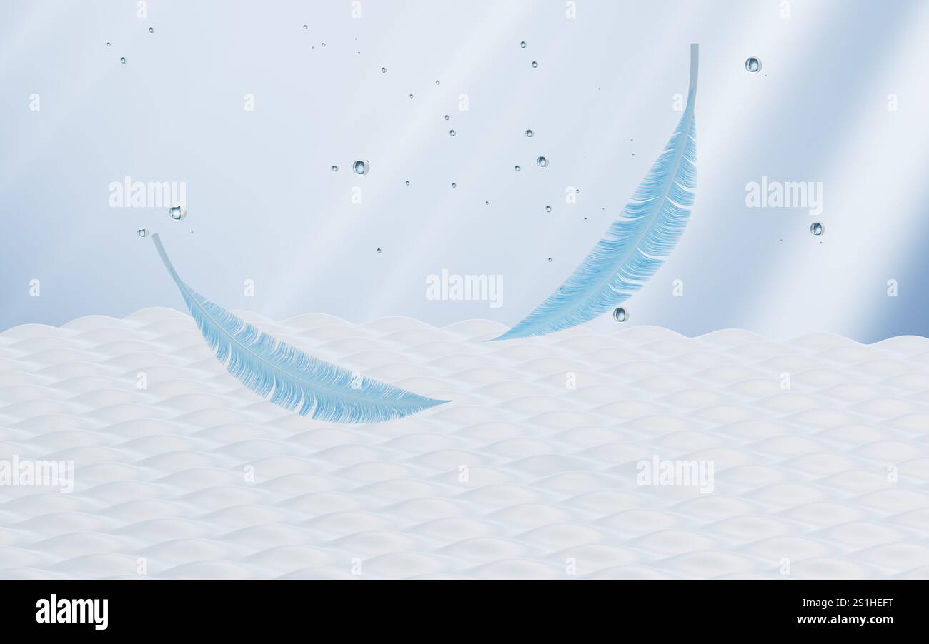 Abstract white curves background and blue floating feathers, 3d ...