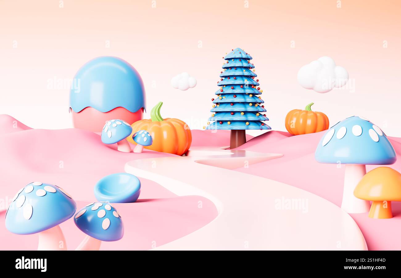 Cartoon mushrooms and countryside background, 3d rendering. 3d ...