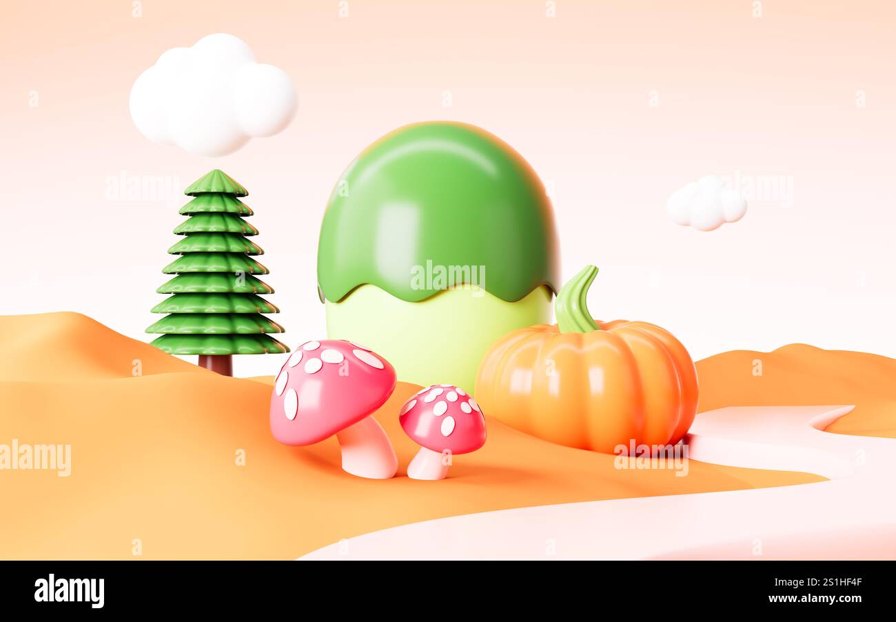 Cartoon mushrooms and countryside background, 3d rendering. 3d ...