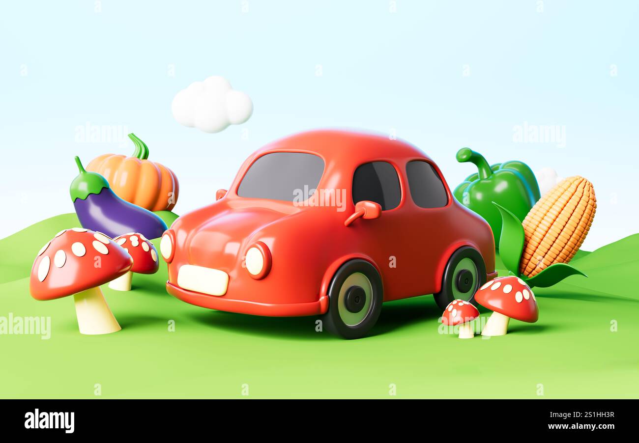Cartoon car with various vegetable outdoor background, 3d rendering. 3d ...