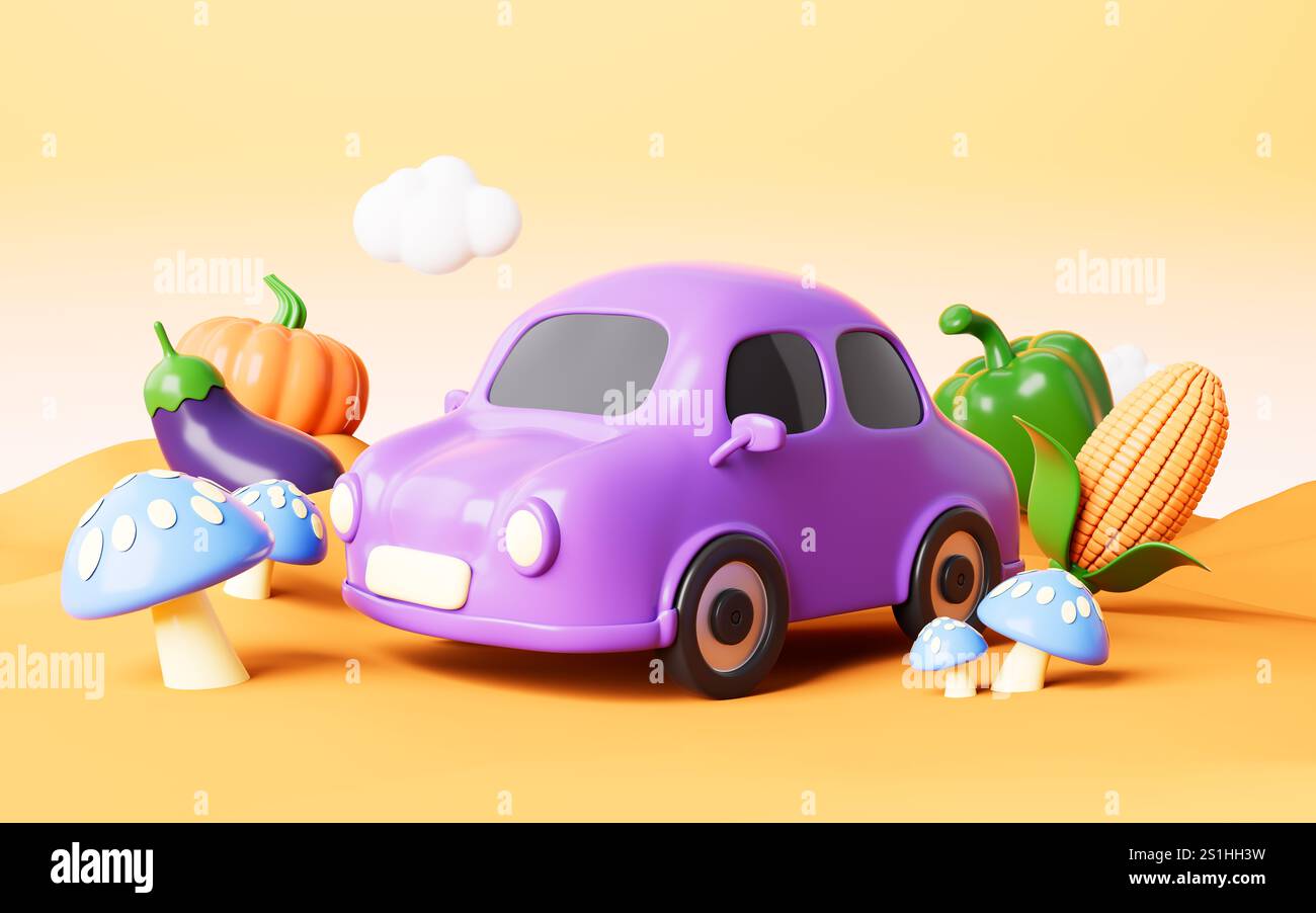 Cartoon car with various vegetable outdoor background, 3d rendering. 3d ...