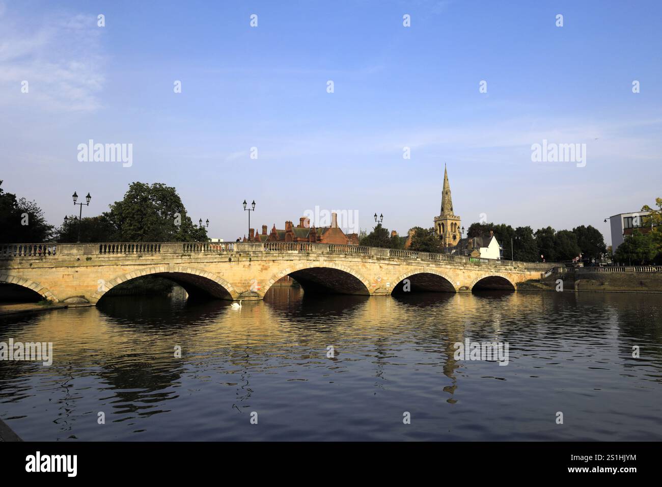 The stone built road bridge over the river Great Ouse, Bedford town ...