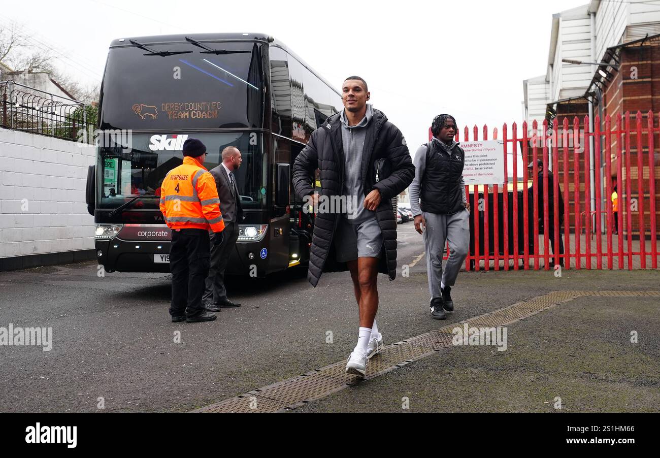 Derby County's Kayden Jackson arrives at the ground ahead of the Sky ...