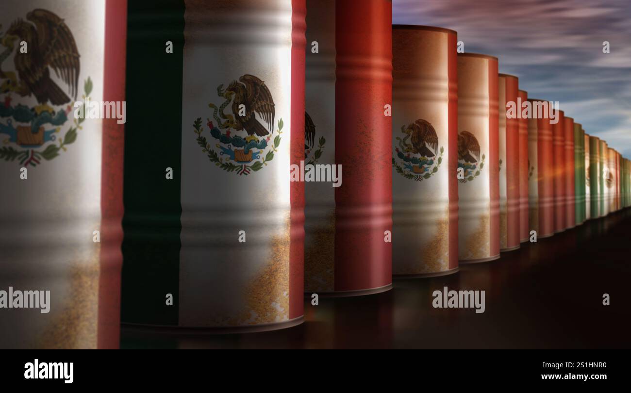 Mexico oil crude petroleum fuel barrels in row concept. Mexican petrol ...