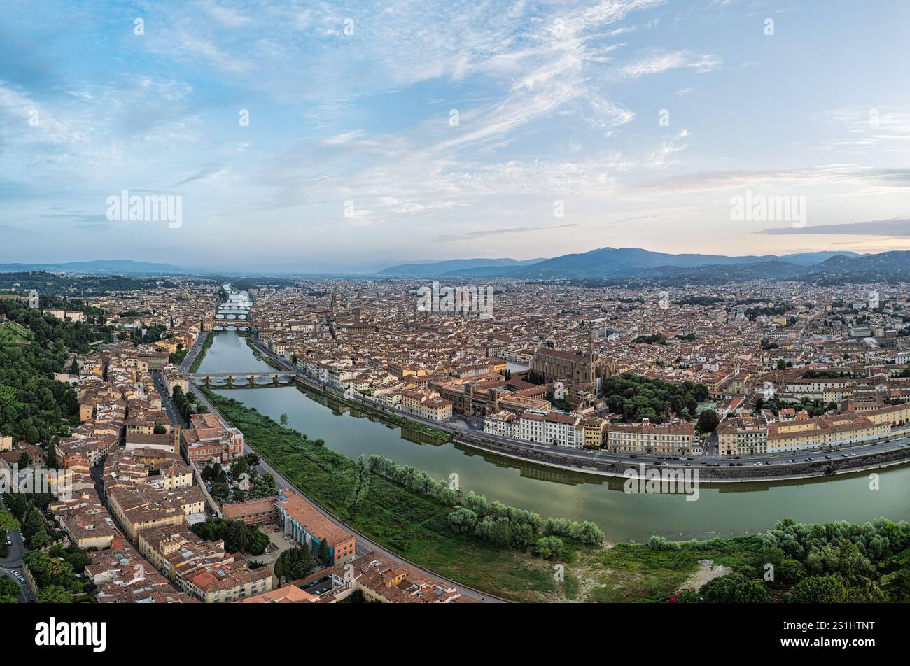 Aerial view of the Arno River and the old center of Florence from ...