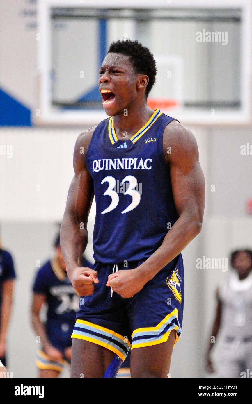Jersey City, USA. 03rd Jan, 2025. Quinnipiac forward Paul Otieno (33) during Friday's game ...