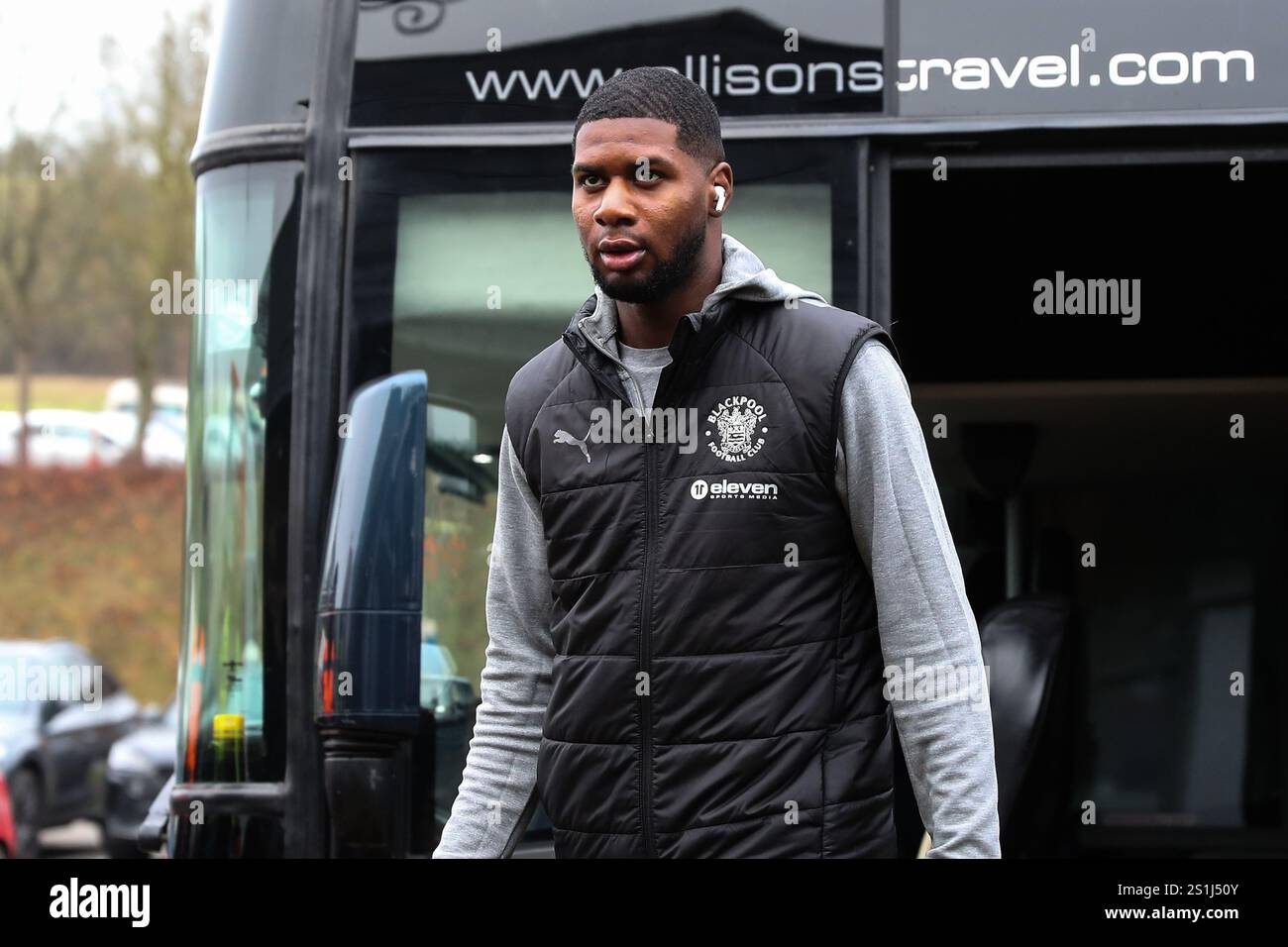 High Wycombe, UK. 04th Jan, 2025. Odeluga Offiah of Blackpool arrives ...