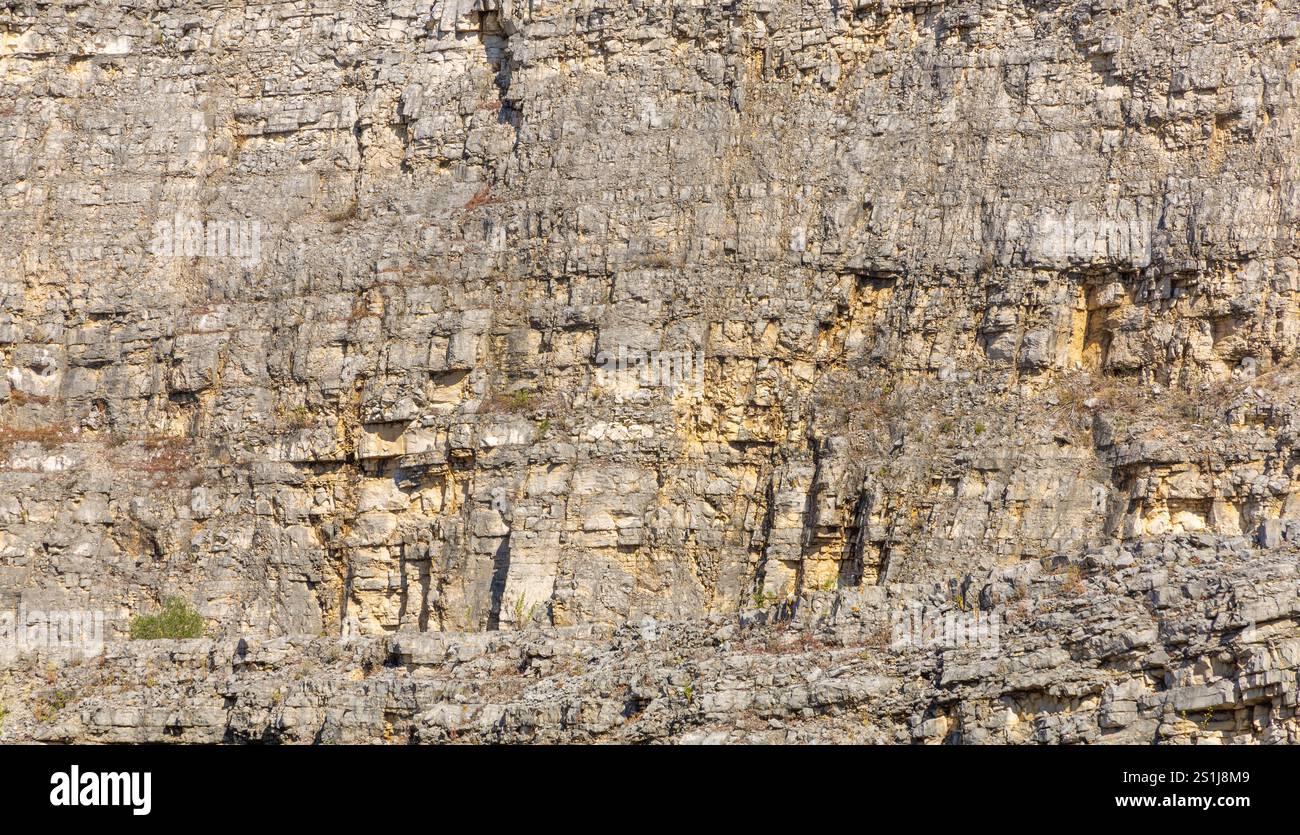 Detailed view of a rugged and textured grey granite rock face. The ...
