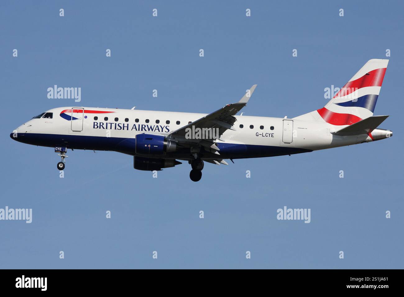 British Airways Embraer 170 with registration G-LCYE on final for Frankfurt Airport Stock Photo ...