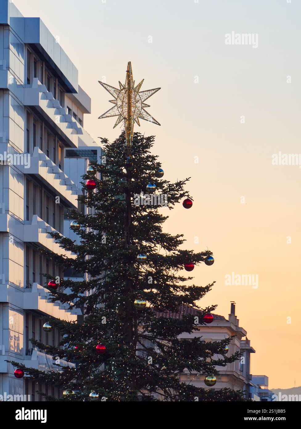 Decorated Christmas tree in front of modern building during golden hour ...
