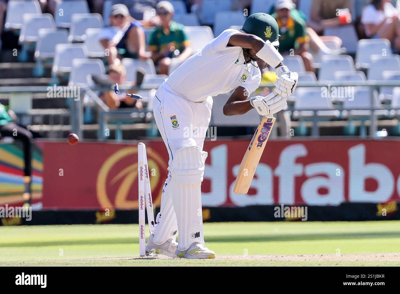 South Africa's Kwena Maphaka is bowled out facing his second test bowl ...