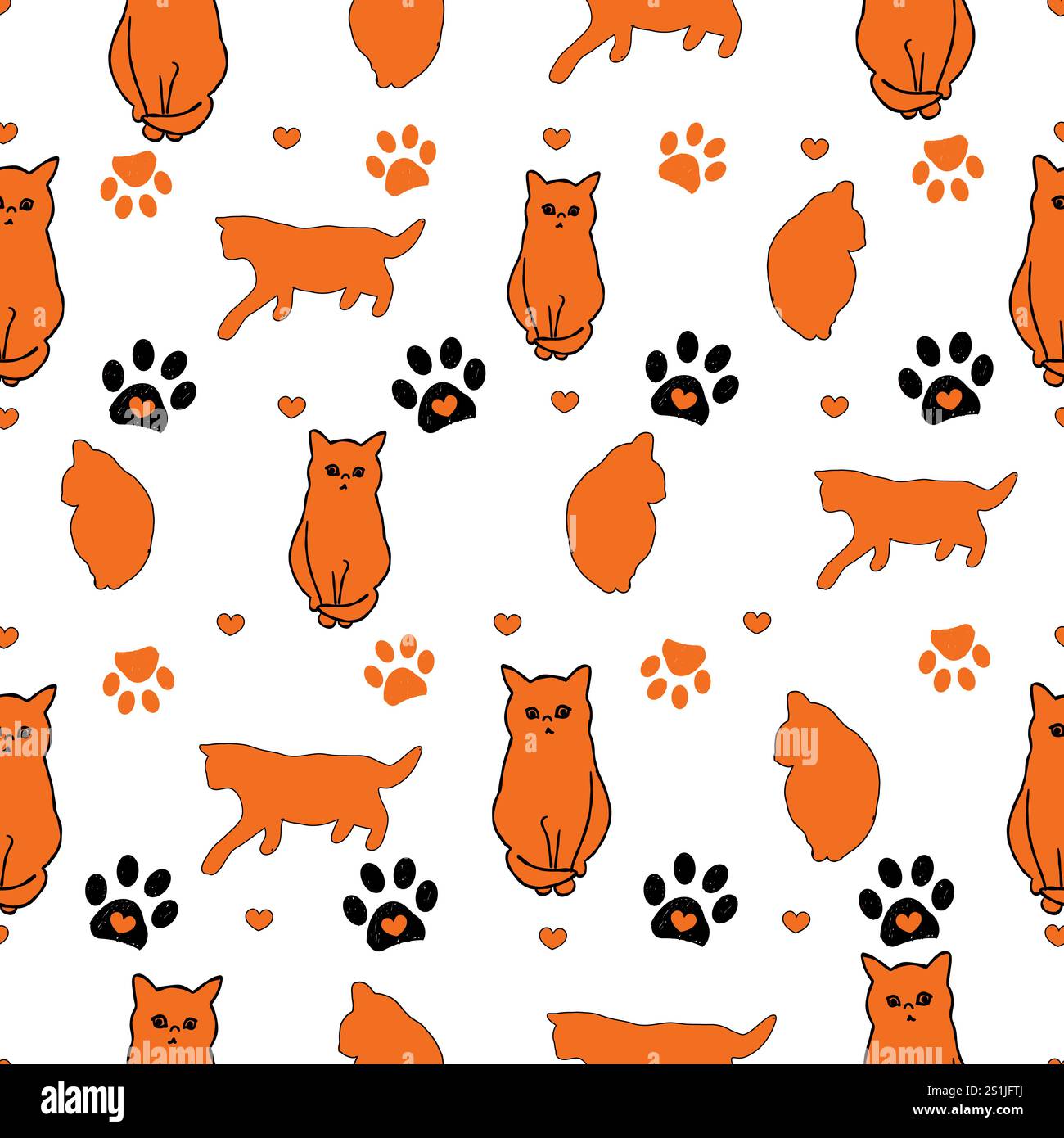 Orange cat with paw prints and hearts. Seamless fabric design pattern ...