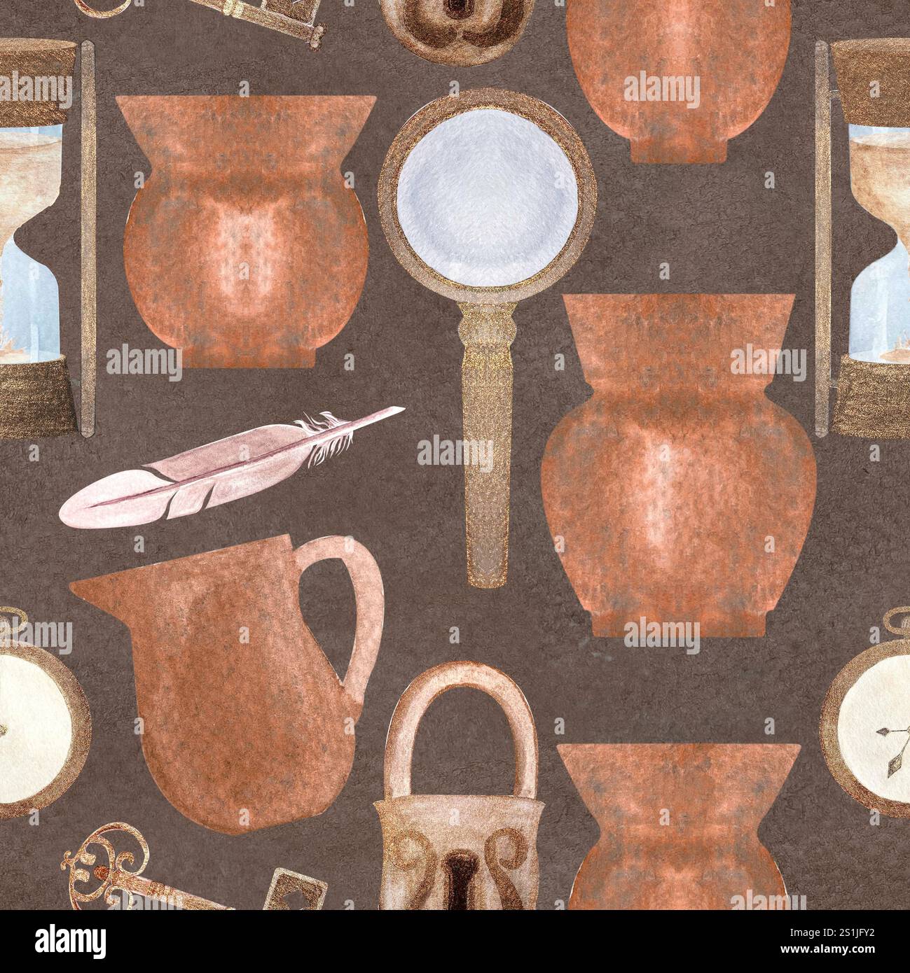 Clay jars, magnifying glass, lock, feather, pocket watch rusty antique ...