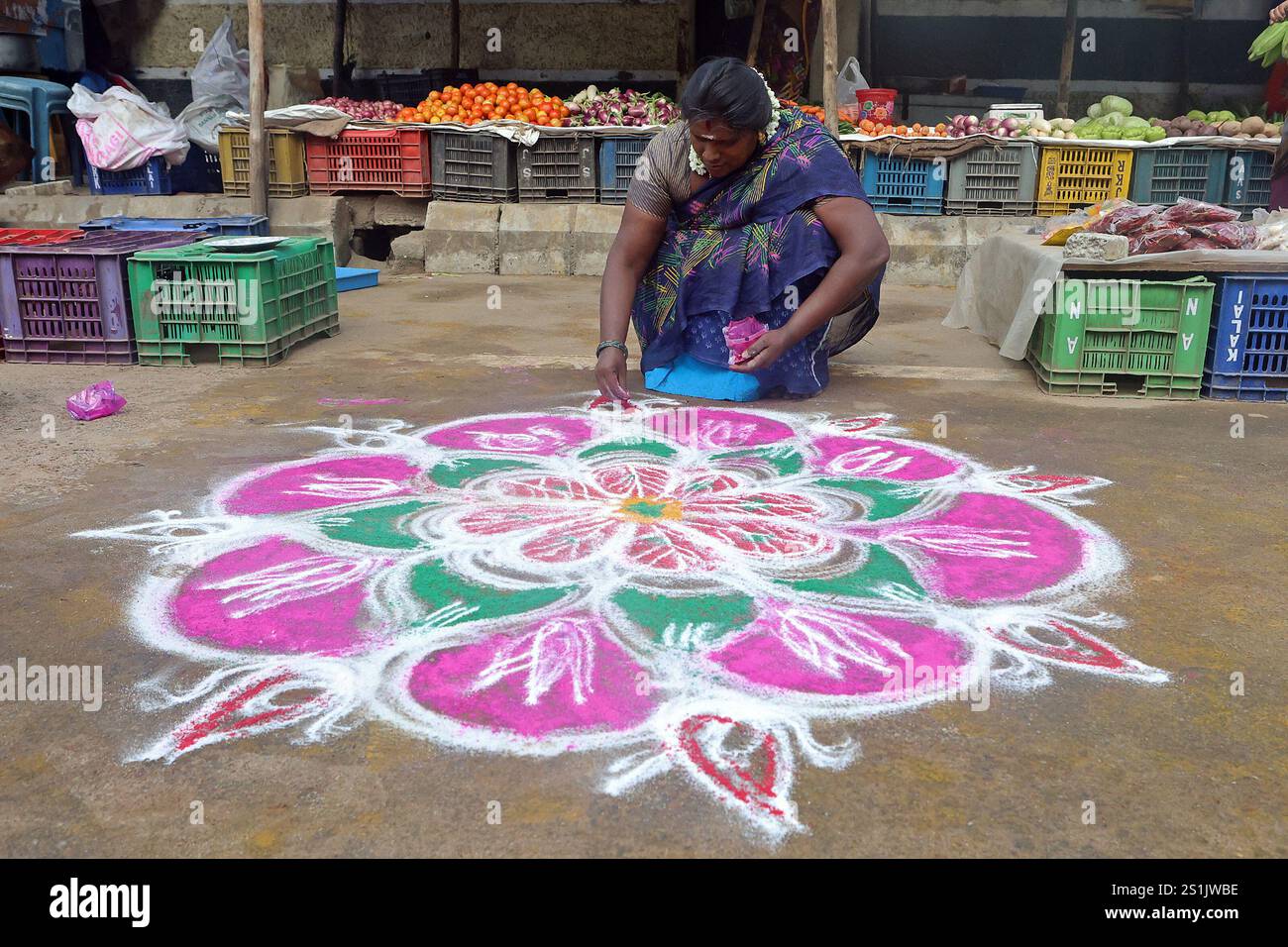 A woman creating a rangoli to celebrate Pongal in Thanjavur, Tamil Nadu ...