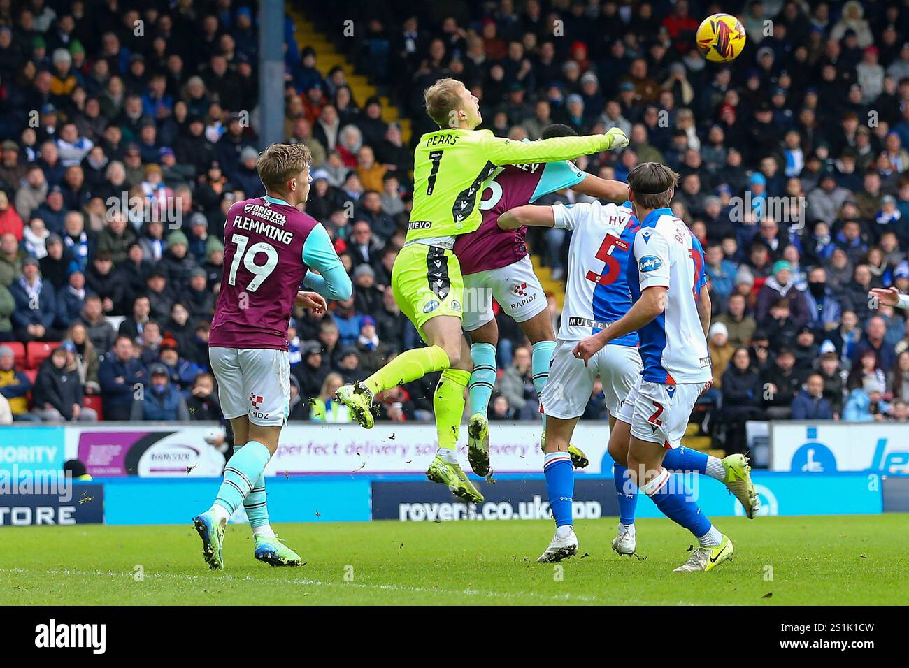 Aynsley Pears, the Blackburn Rovers goalkeeper clears the ball. EFL ...