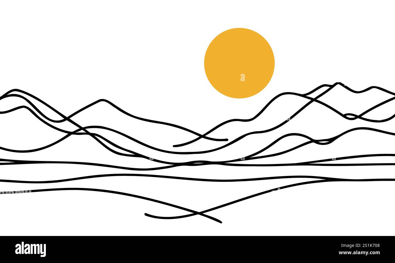 one continuous line drawing of horizon and sun view. isolated white ...