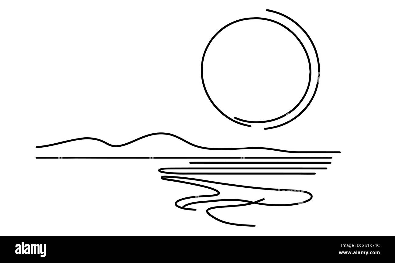 one continuous line drawing of horizon and sun view. isolated white ...