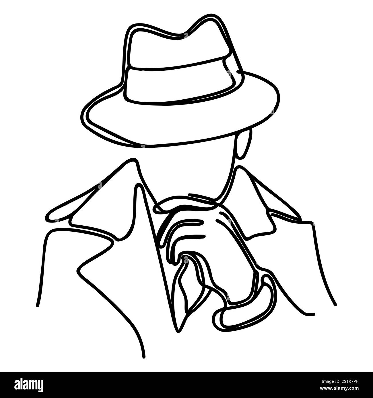 One line continuous detective with hat. Thinking while investigating ...