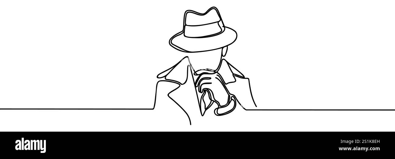One line continuous detective with hat. Thinking while investigating ...