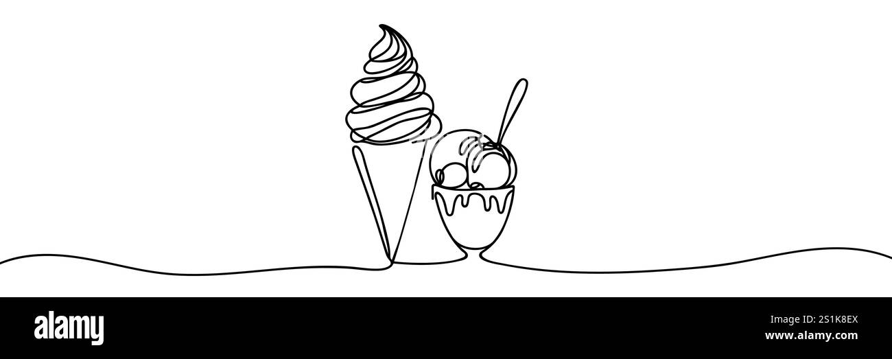 Continuous one line drawing of Ice Cream. Ice Cream Cone line art ...