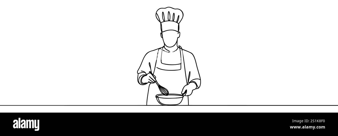 continuous line drawing of chef cooks or makes bread, toque chef hats ...