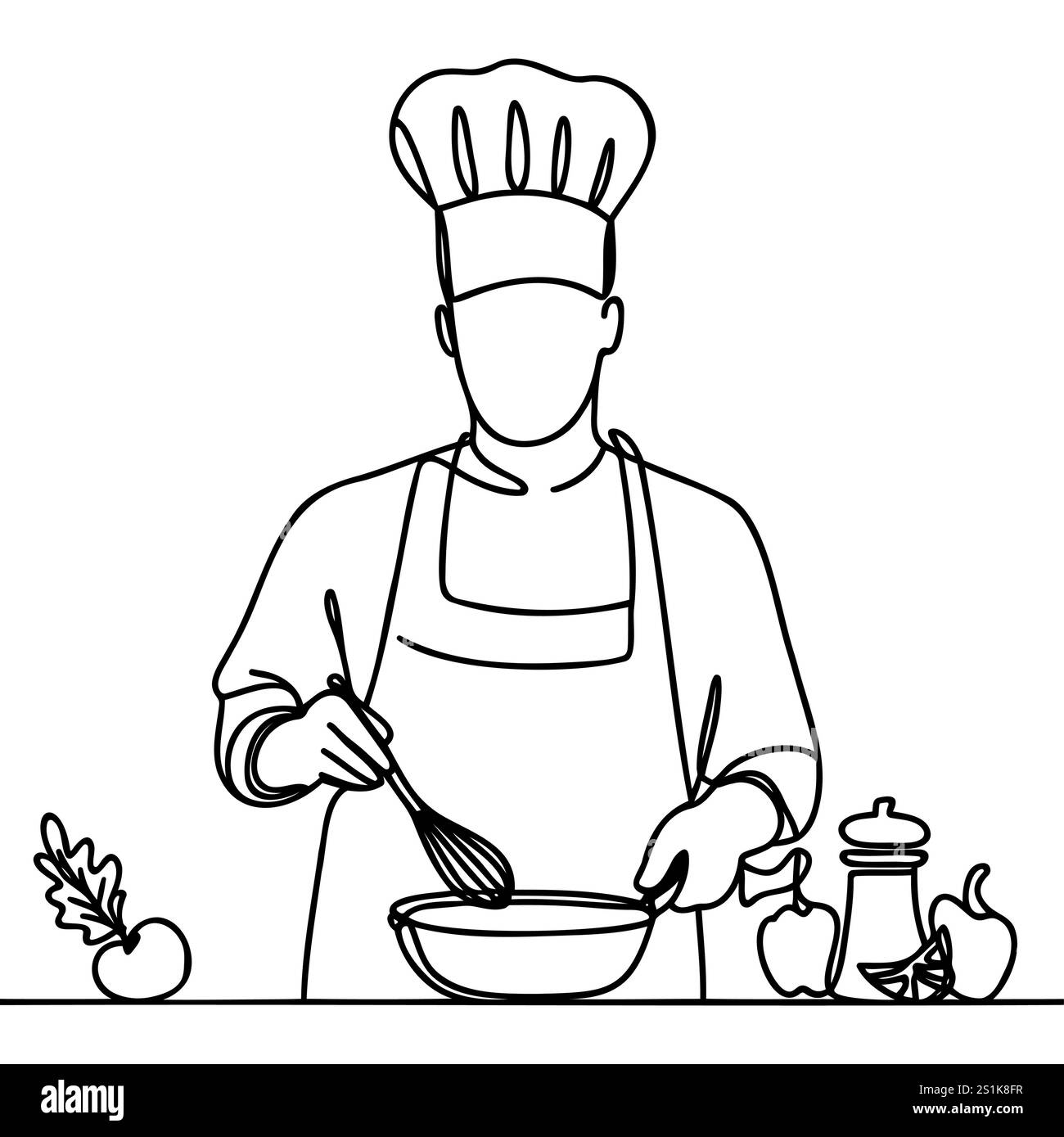 continuous line drawing of chef cooks or makes bread, toque chef hats ...