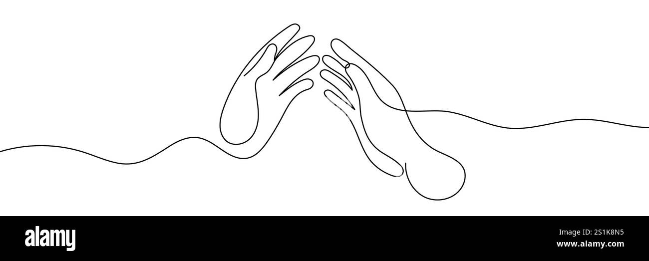Two hands touching in one line art style isolated on white background ...