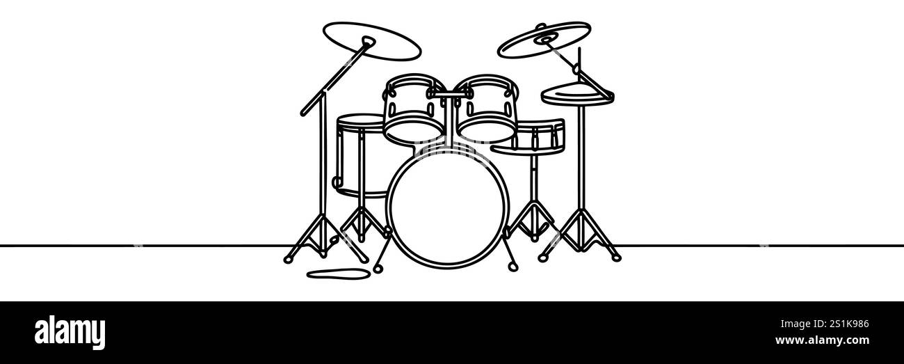One single line drawing of drum band set, drum kit. Percussion music ...