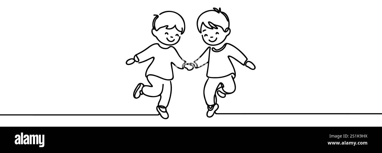 Happy jumping children holding hands. Continuous one line drawing ...